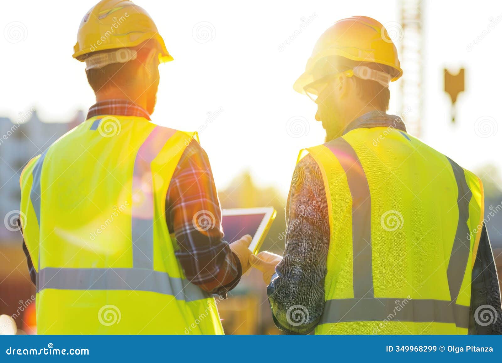 Two Construction Workers in High-visibility Vests Discussing Progress ...