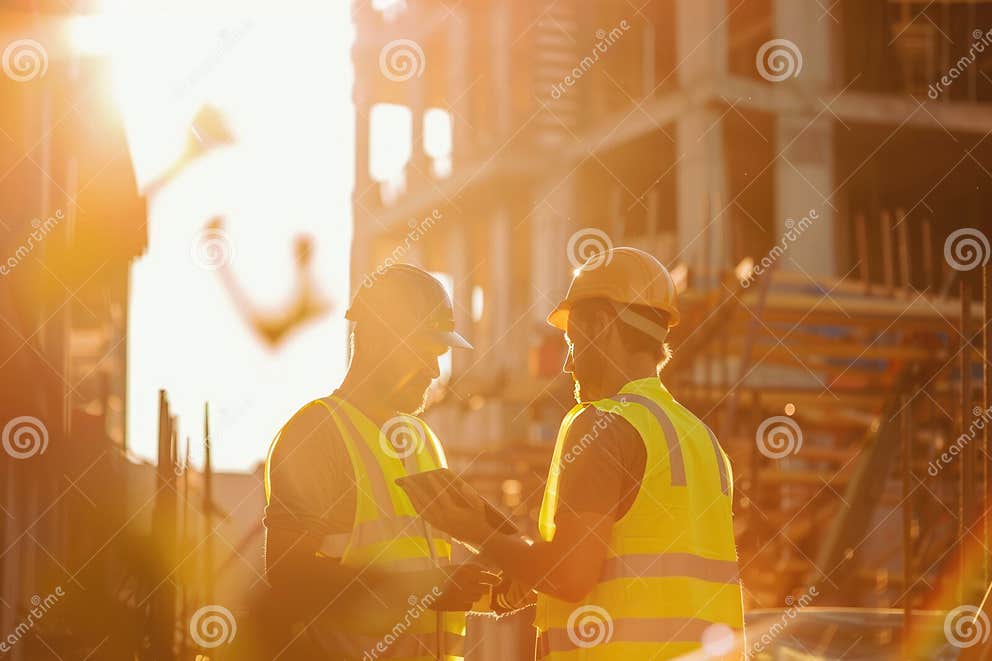 Two Construction Workers Holding Blueprints with a Bright Sunlight ...