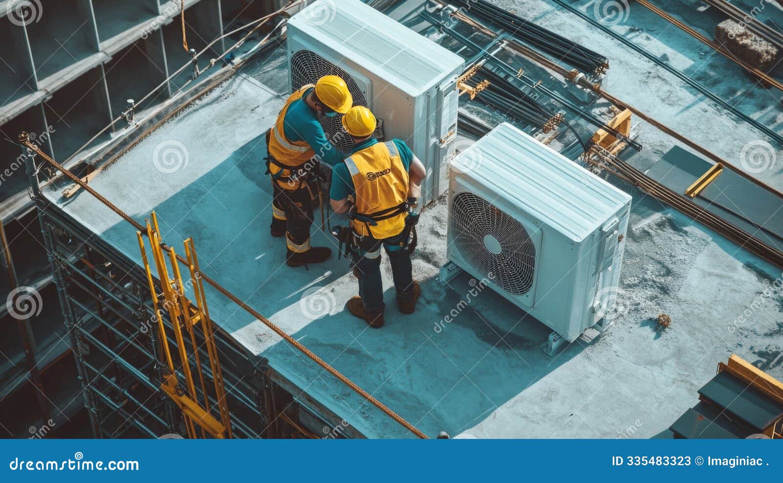 Two Construction Workers Inspecting AC Units on a Rooftop Stock ...