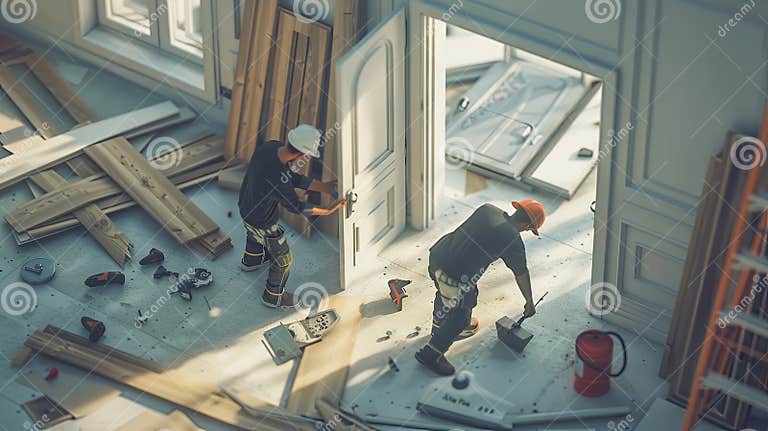 Two Construction Workers Install a New Door in a Building Under ...