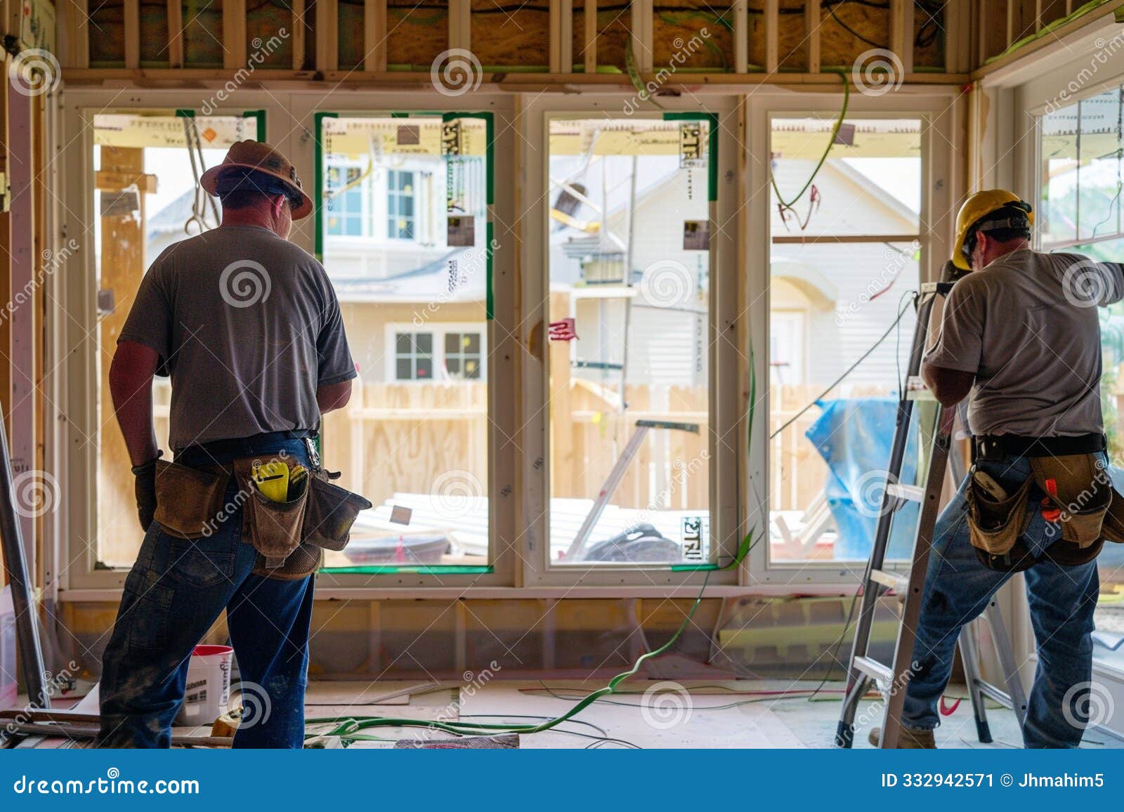 Construction Workers Finishing a New Window Installation Stock ...