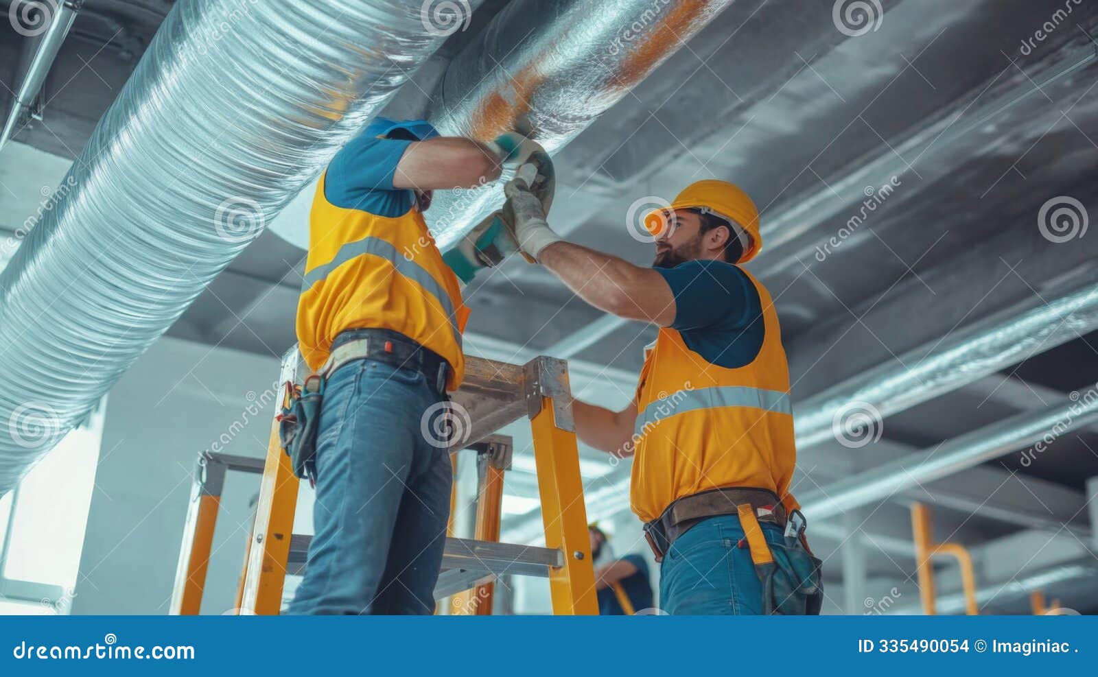 Two Construction Workers Installing Ductwork on a Ceiling Stock ...