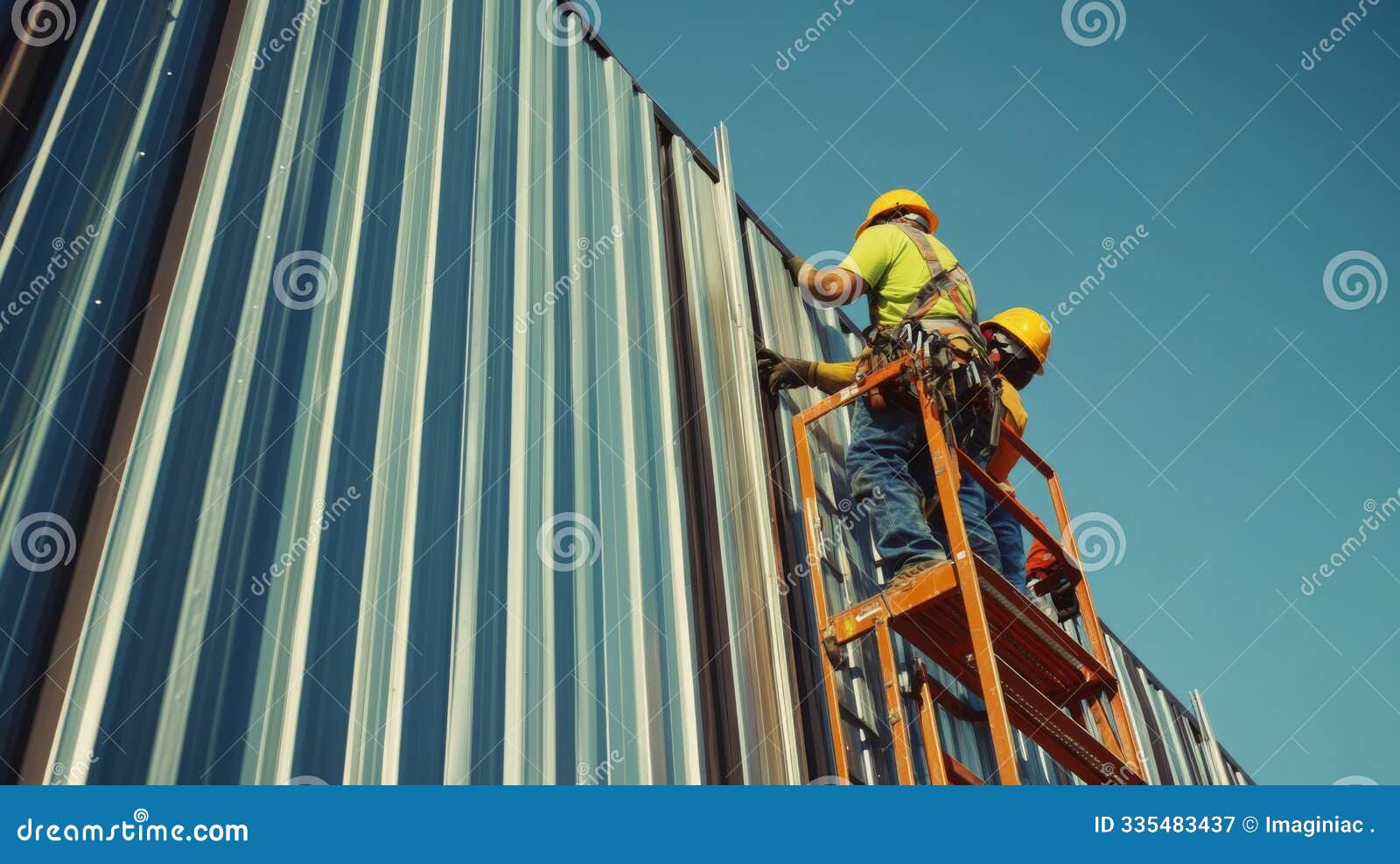 Two Construction Workers Installing Metal Siding on a Building Stock ...