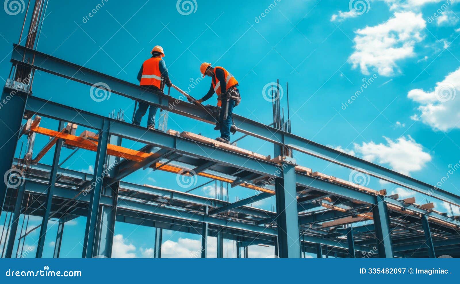 Two Construction Workers Installing Steel Beams on a Building Framework ...