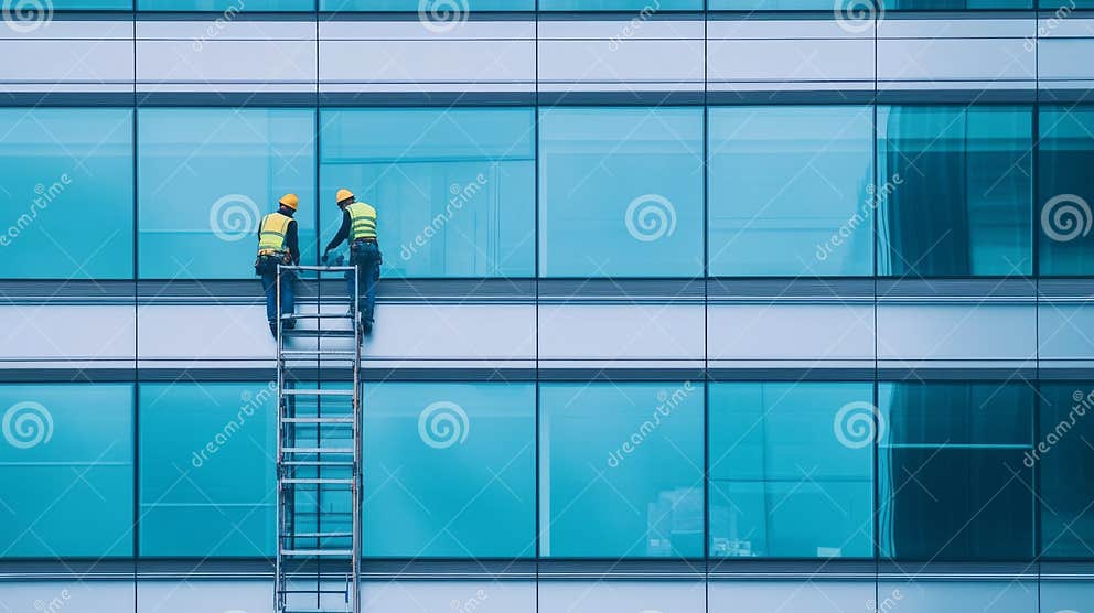 Two Construction Workers on a Ladder Cleaning Windows of a Modern ...