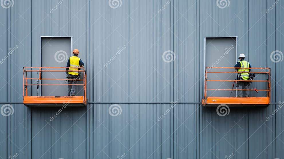 Two Construction Workers on Lift Platforms Working on a Metal Wall ...