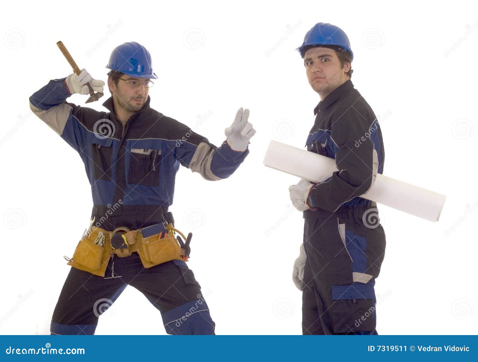 Two Construction Workers Makeing Deal Stock Image - Image of indoor ...
