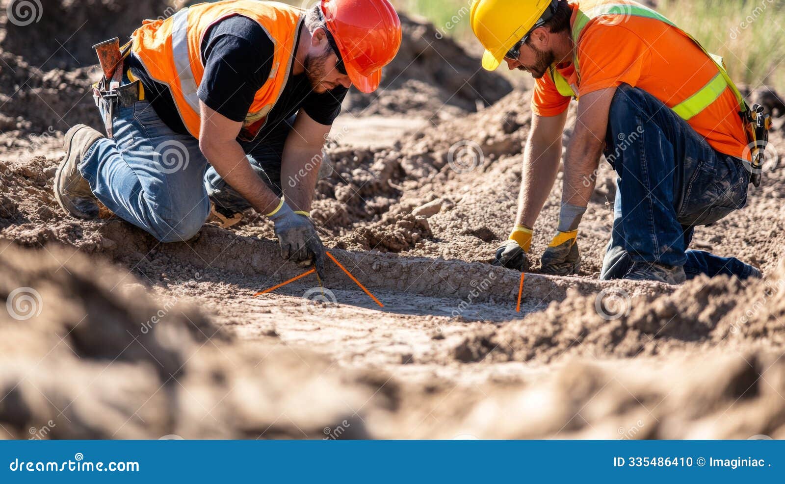 Two Construction Workers Marking a Line in Dirt with Orange Sticks ...