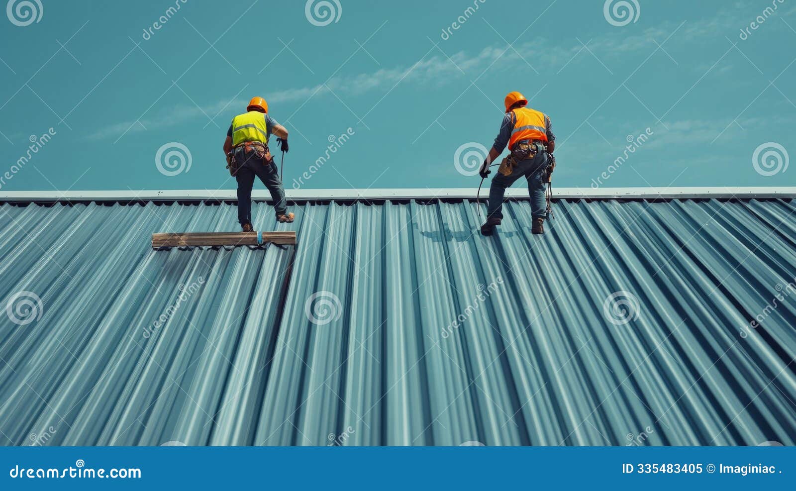 Workers On Roof During House Construction, Renovation. Builders In ...