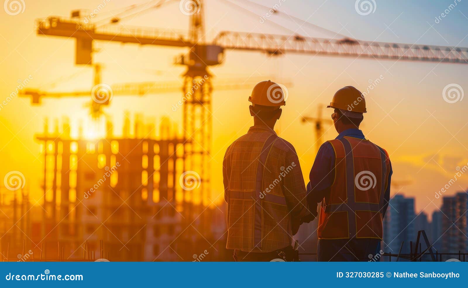 Two Construction Workers Observing a Building Site with Multiple Cranes ...