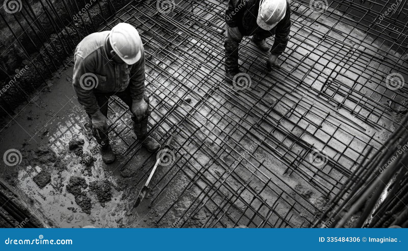Two Construction Workers Positioning Steel Reinforcement Bars in Wet ...