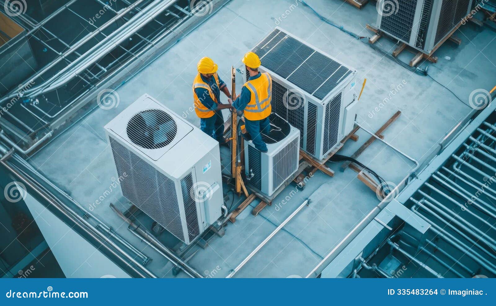 Two Construction Workers on Rooftop Installing AC Units Stock ...