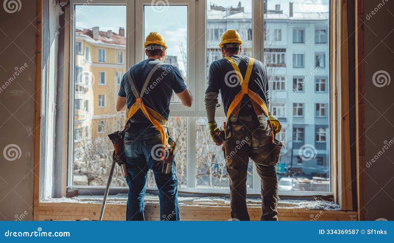 Two Construction Workers in Safety Gear Installing a Large Window in a ...