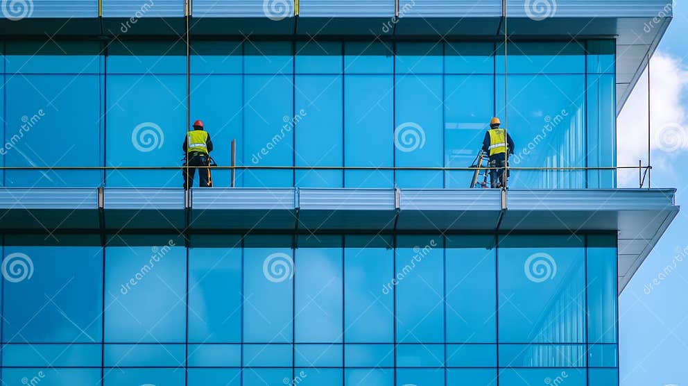 Two Construction Workers on a Scaffolding Platform Outside a Modern Glass Building Stock ...