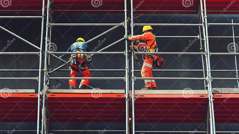 Two Construction Workers on Scaffolding with Safety Gear Stock ...