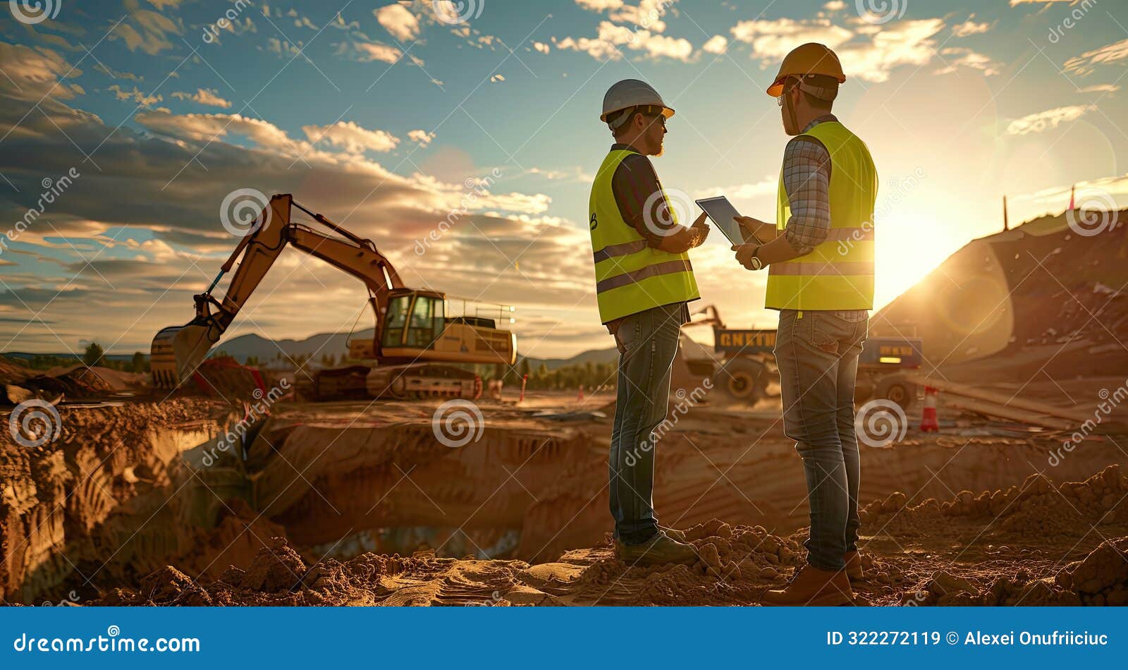 Two Construction Workers on Site Looking at a Tablet Stock Image ...