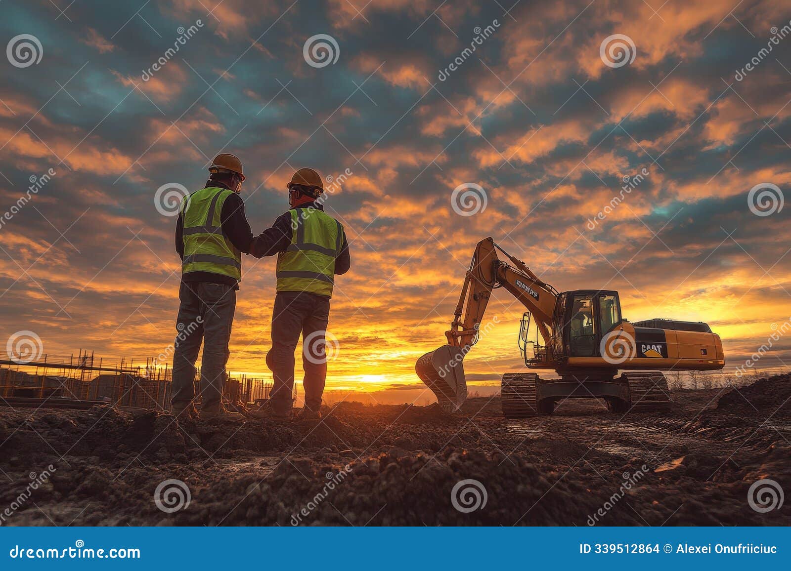 Two Construction Workers Stand by an Excavator at Sunset Stock Photo ...