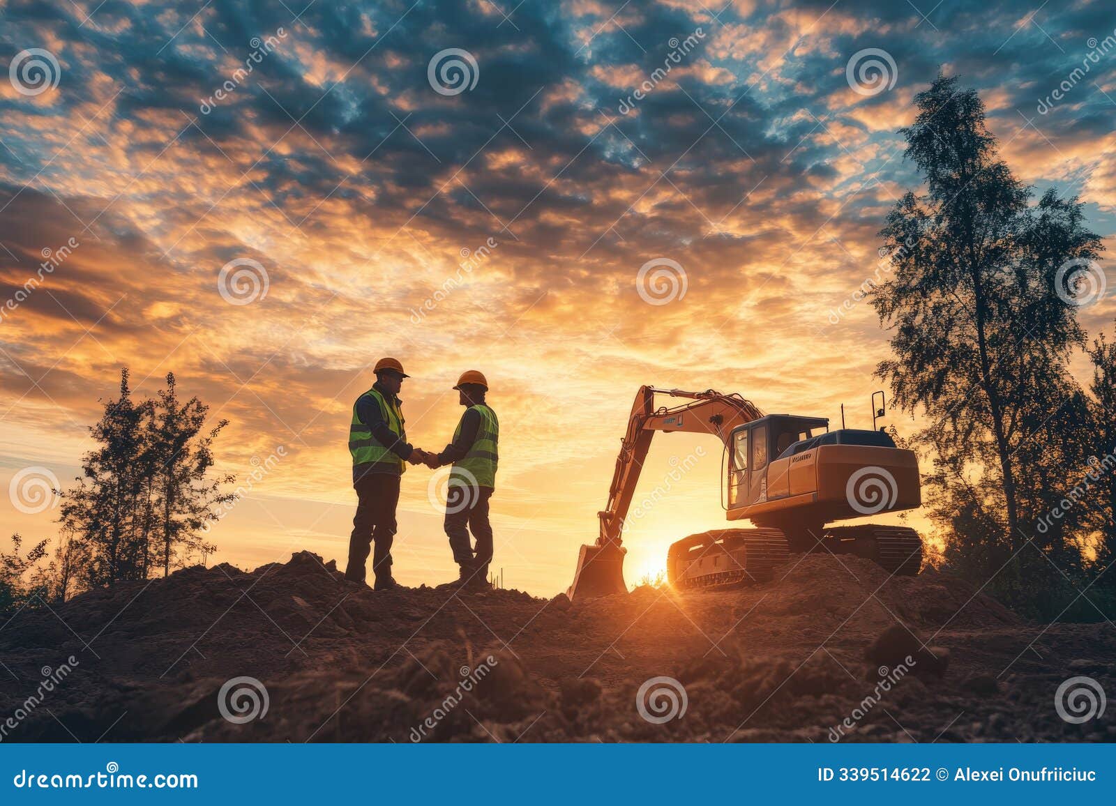 Two Construction Workers Stand by an Excavator at Sunset Stock Photo ...
