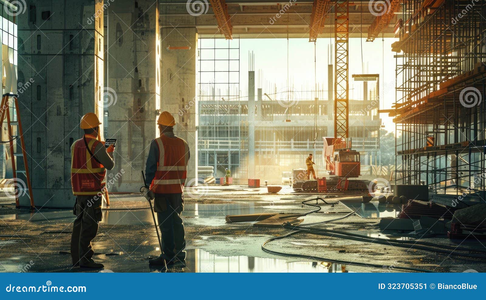 Two Construction Workers are Standing in a Building Under Construction ...
