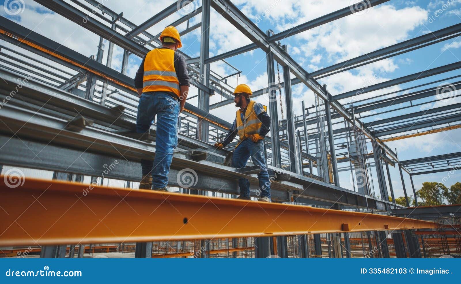 Two Construction Workers on a Steel Beam of a Building Under ...
