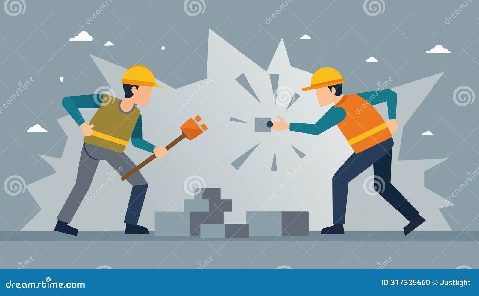 Two Construction Workers Using Jackhammers To Break Through A Thick ...