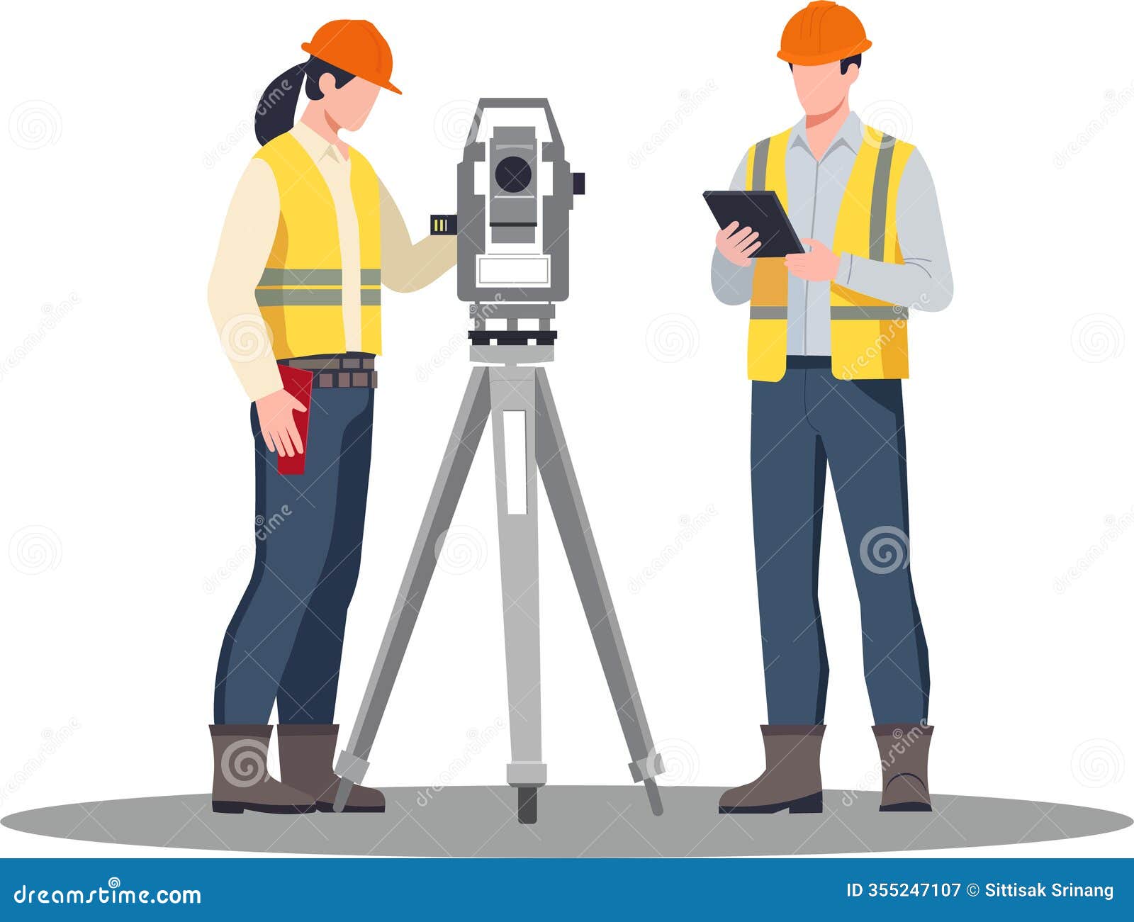 Two Construction Workers Using Theodolite for Surveying on Site. they ...