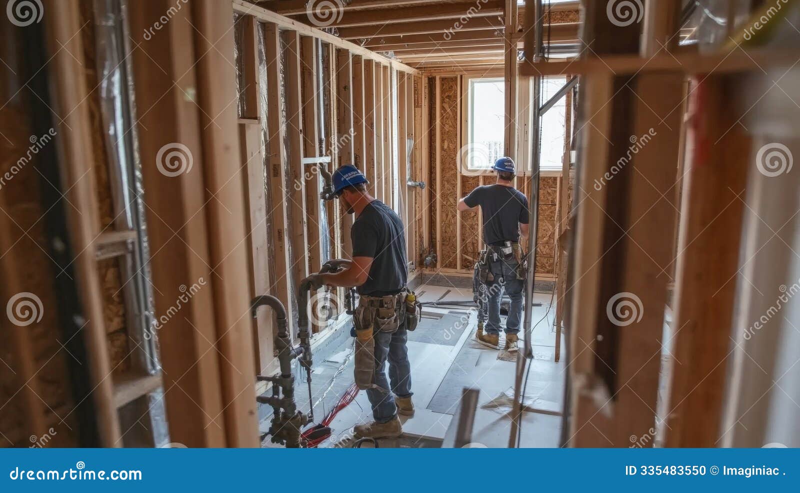 Two Construction Workers Working Inside a House Under Construction Stock Illustration ...
