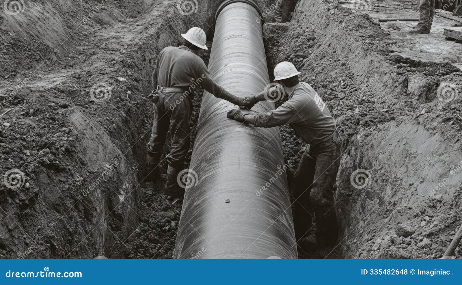 Two Construction Workers Working on a Large Pipe in a Trench Stock ...