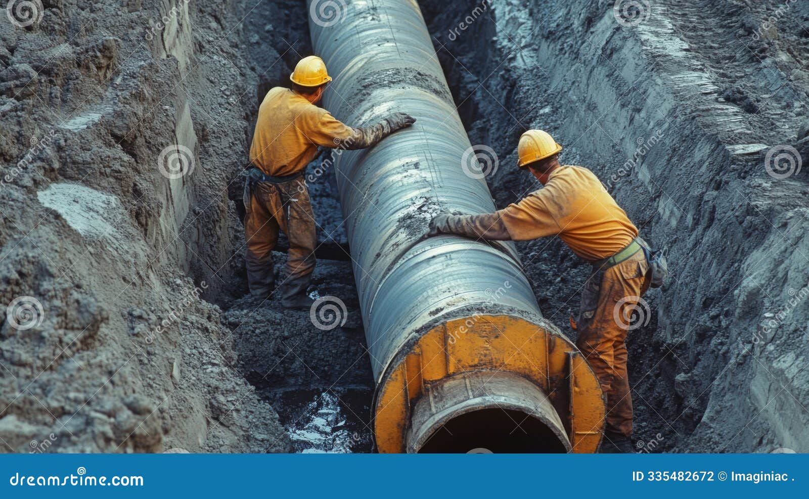 Two Construction Workers Working on a Large Pipe in a Trench Stock ...