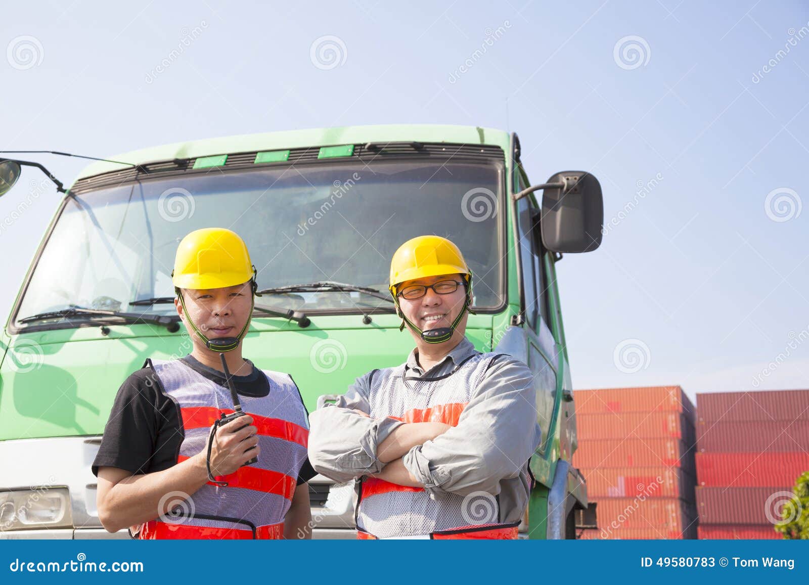 Two Container Workers with Truck Stock Image - Image of confident, boss ...