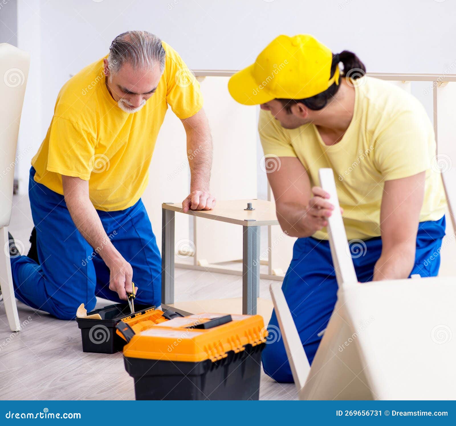 Two Contractors Carpenters Working Indoors Stock Image - Image of ...