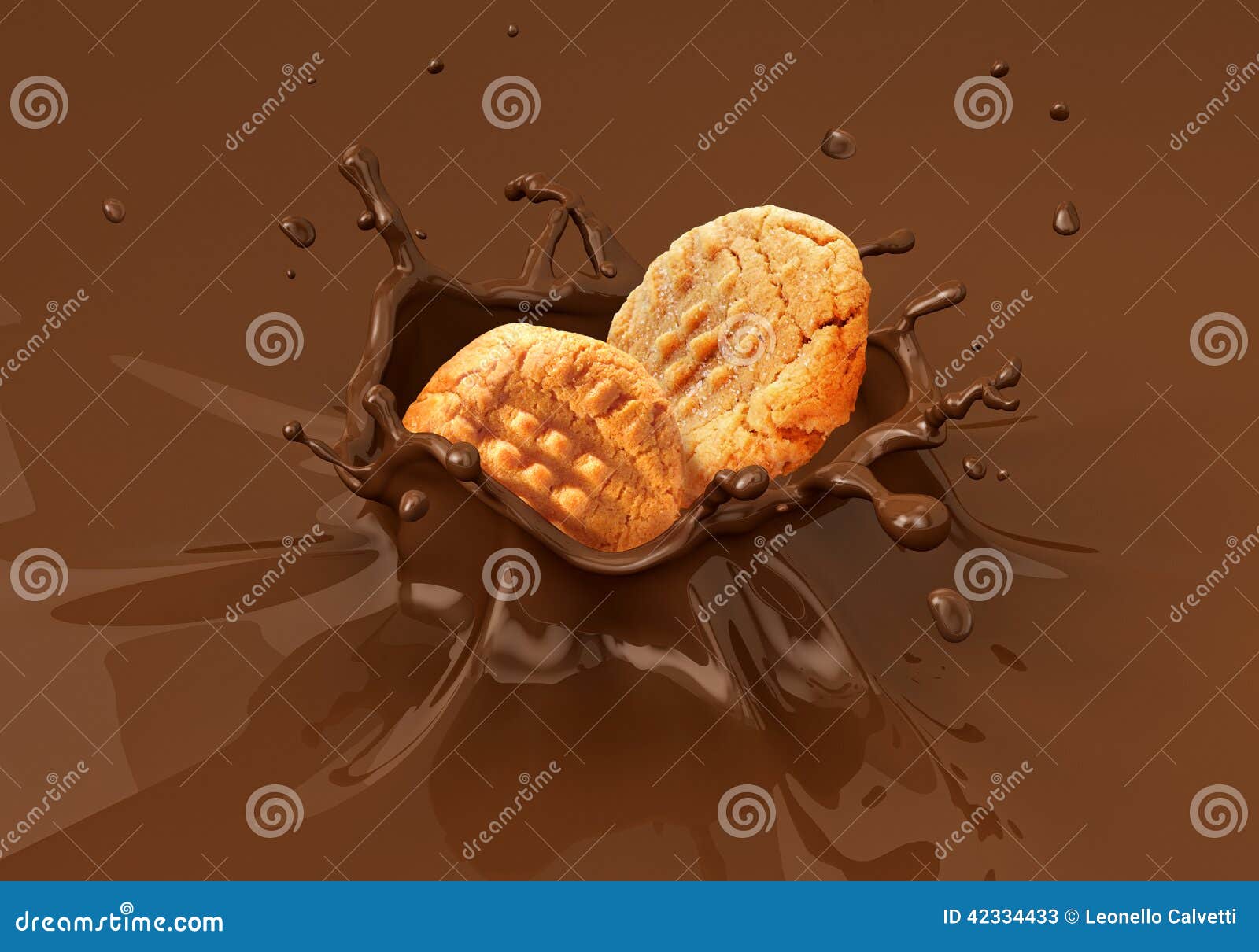 Two Cookies Biscuits Falling into Liquid Chocolate Splashing. Stock ...