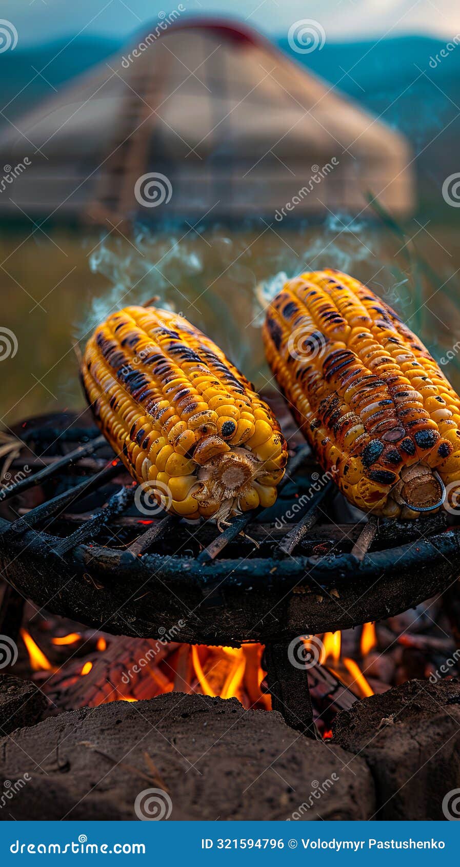 Two Corn on the Cob are Being Cooked on a Fire Stock Illustration ...