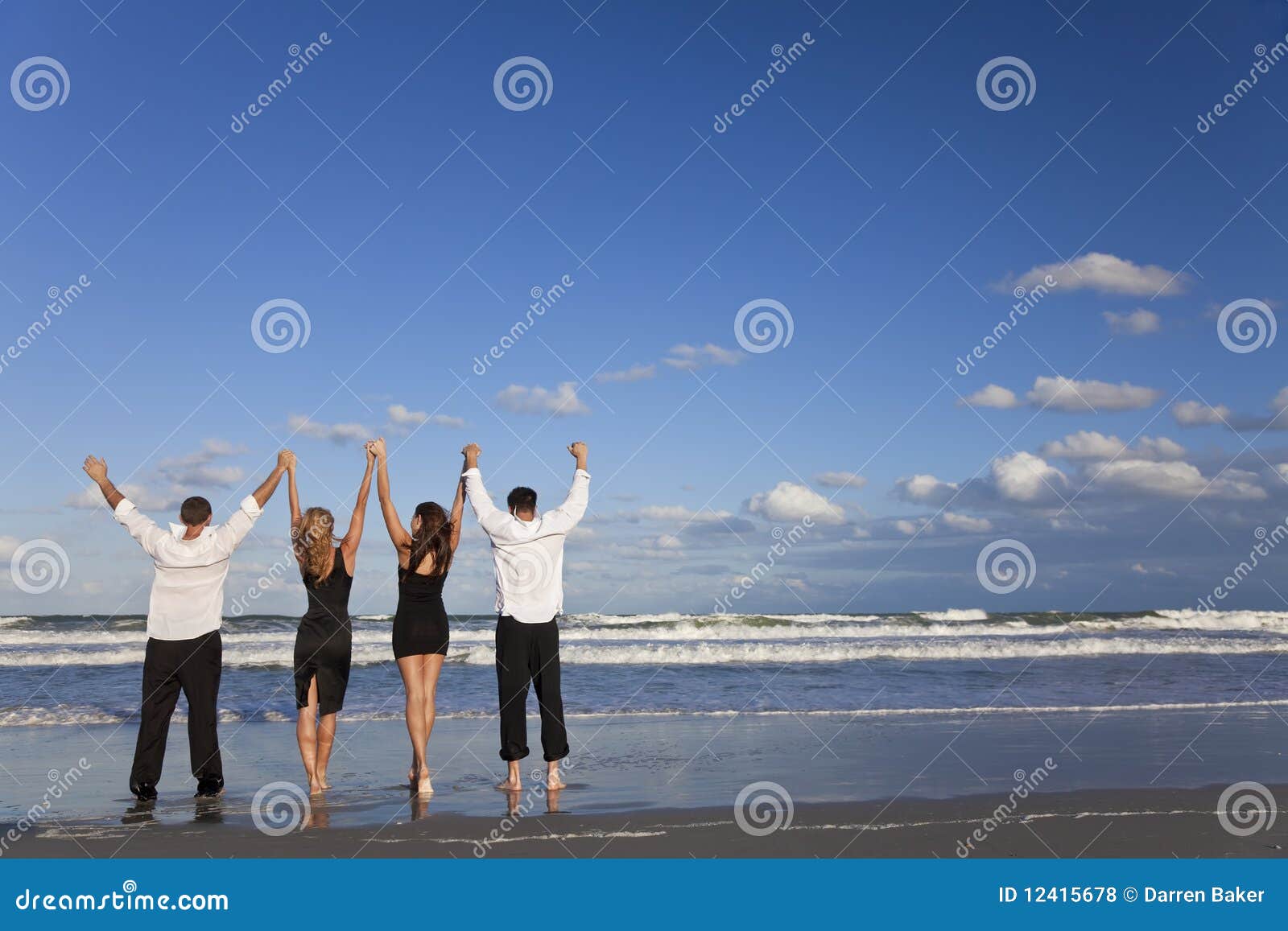 Two Couples, Arms Up Celebrating on Beach Stock Photo - Image of girls ...