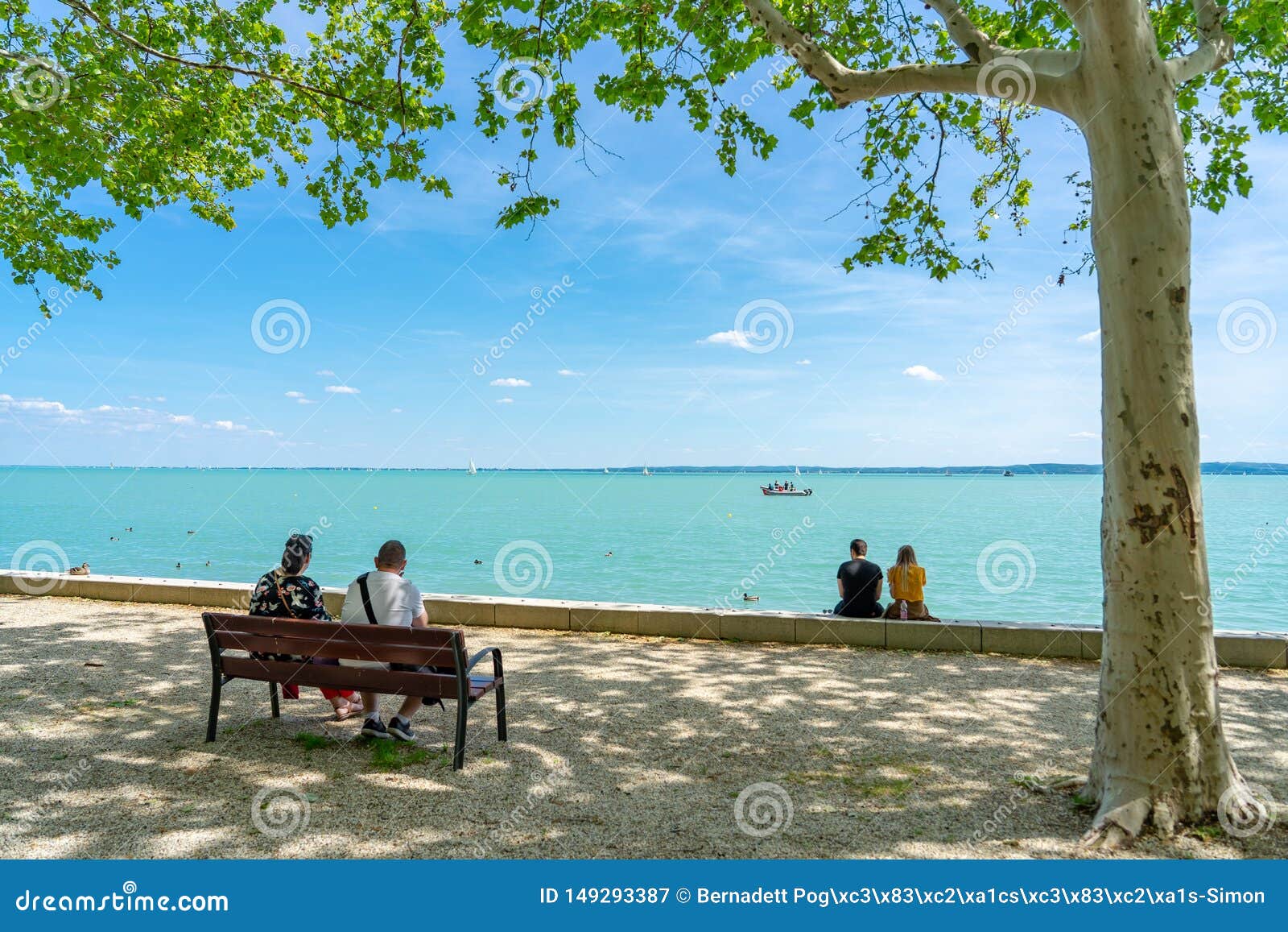 Two Couples Sitting in the Bench Facing To the Lake Balaton Editorial ...