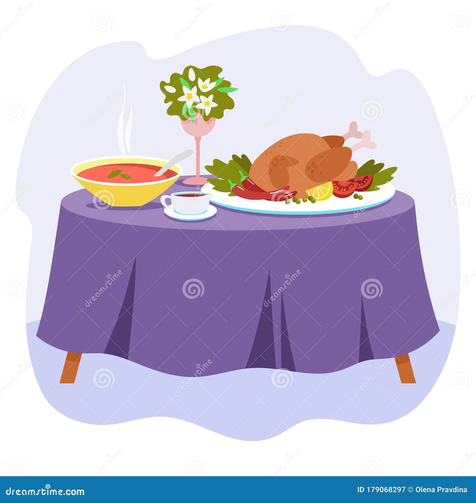 Two-course Dinner on a Table Covered with a Tablecloth. Vector ...