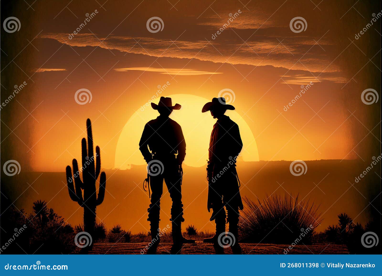 Two Cowboys in Front of a Beautiful Sunset. AI Generated. Stock Photo ...