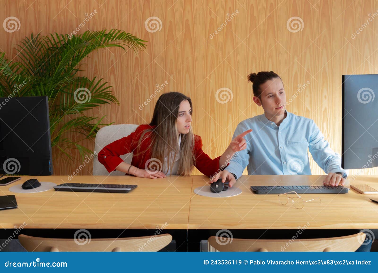Two Coworkers Talking about New Projects in the Computer Stock Image ...
