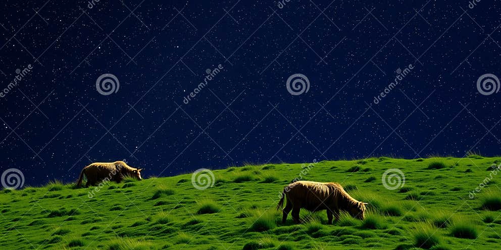 Two Cows Graze in a Field Under a Starry Night Sky Stock Illustration ...