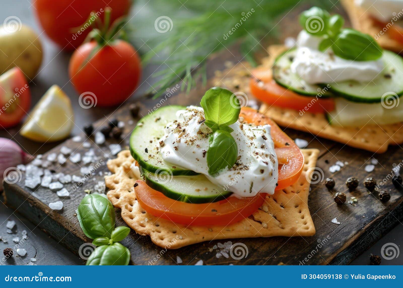 Two Crackers with Vegetables and Cucumbers on a Board Stock Photo ...