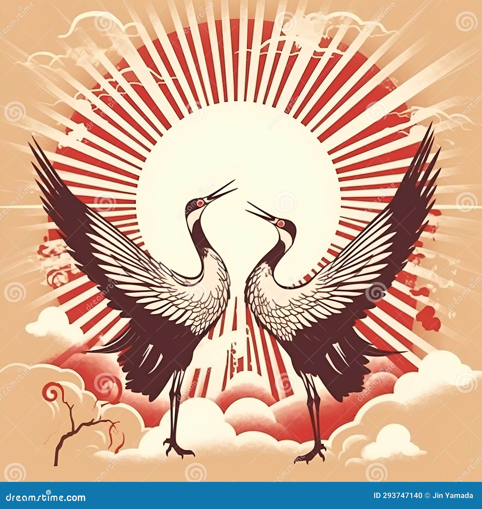 Two Cranes Flying in the Sky with Sun. Vector Illustration Stock ...