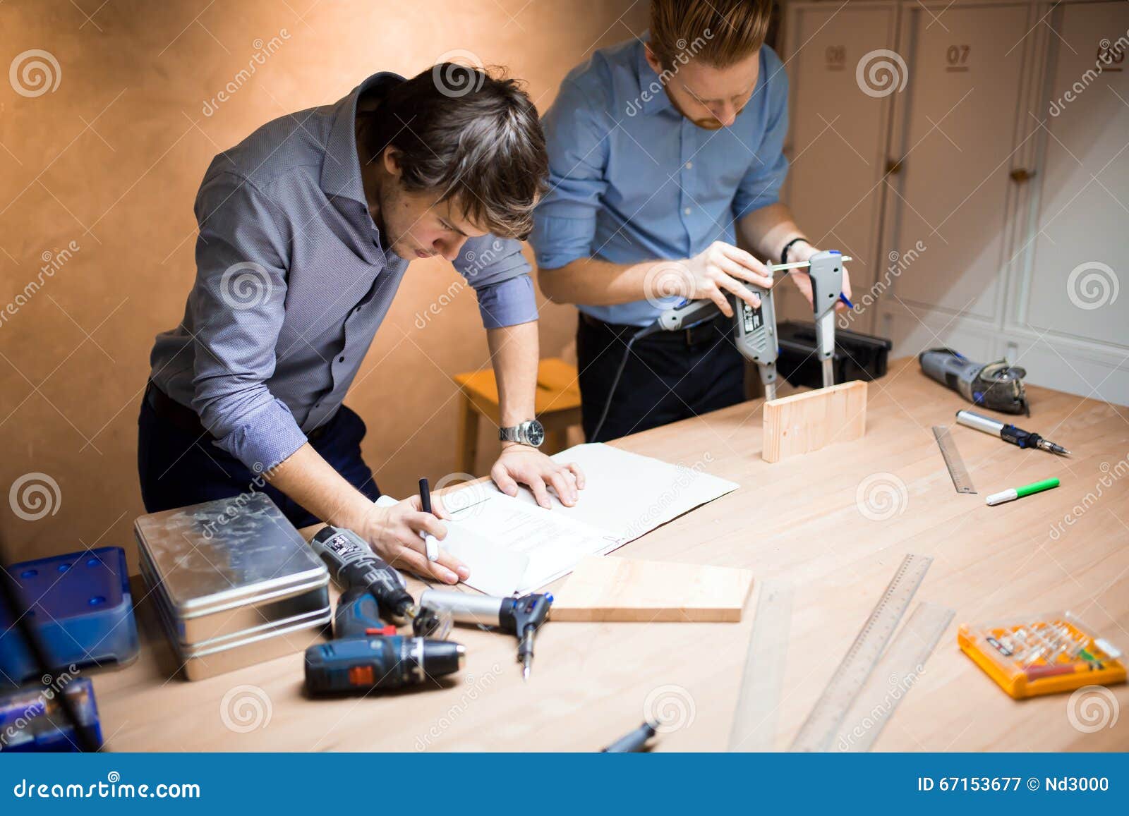 Two Creative Designers Working in Workshop Stock Image - Image of male ...