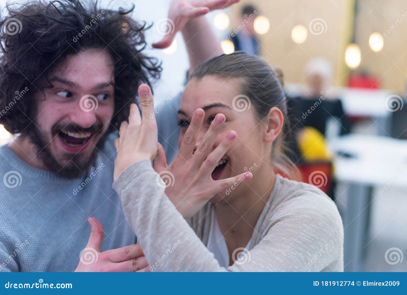 Two Creative Office Workers Collaborate Together Making Joke with Each ...