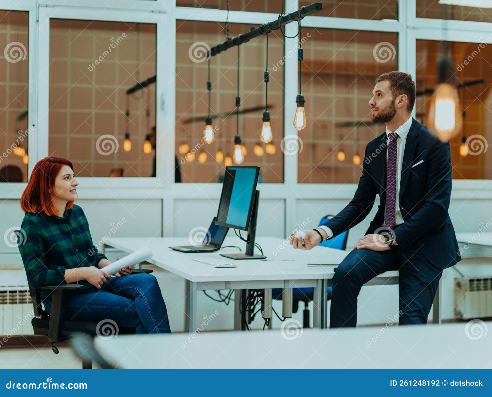 Two Creative Office Workers Collaborate Together To Discuss Main Ideas ...