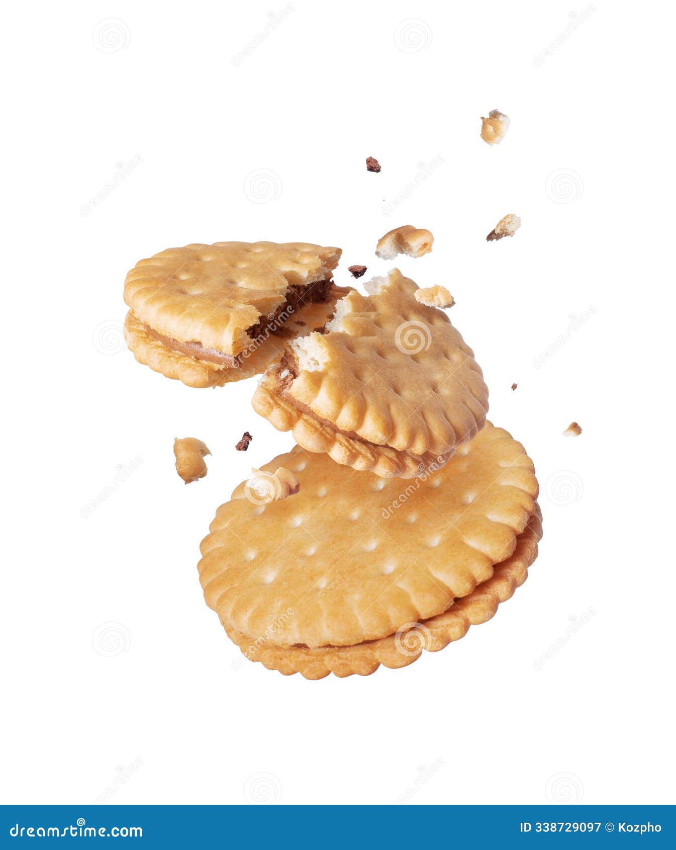 Two Crispy Delicious Biscuits Crushed into Pieces in the Air Isolated ...