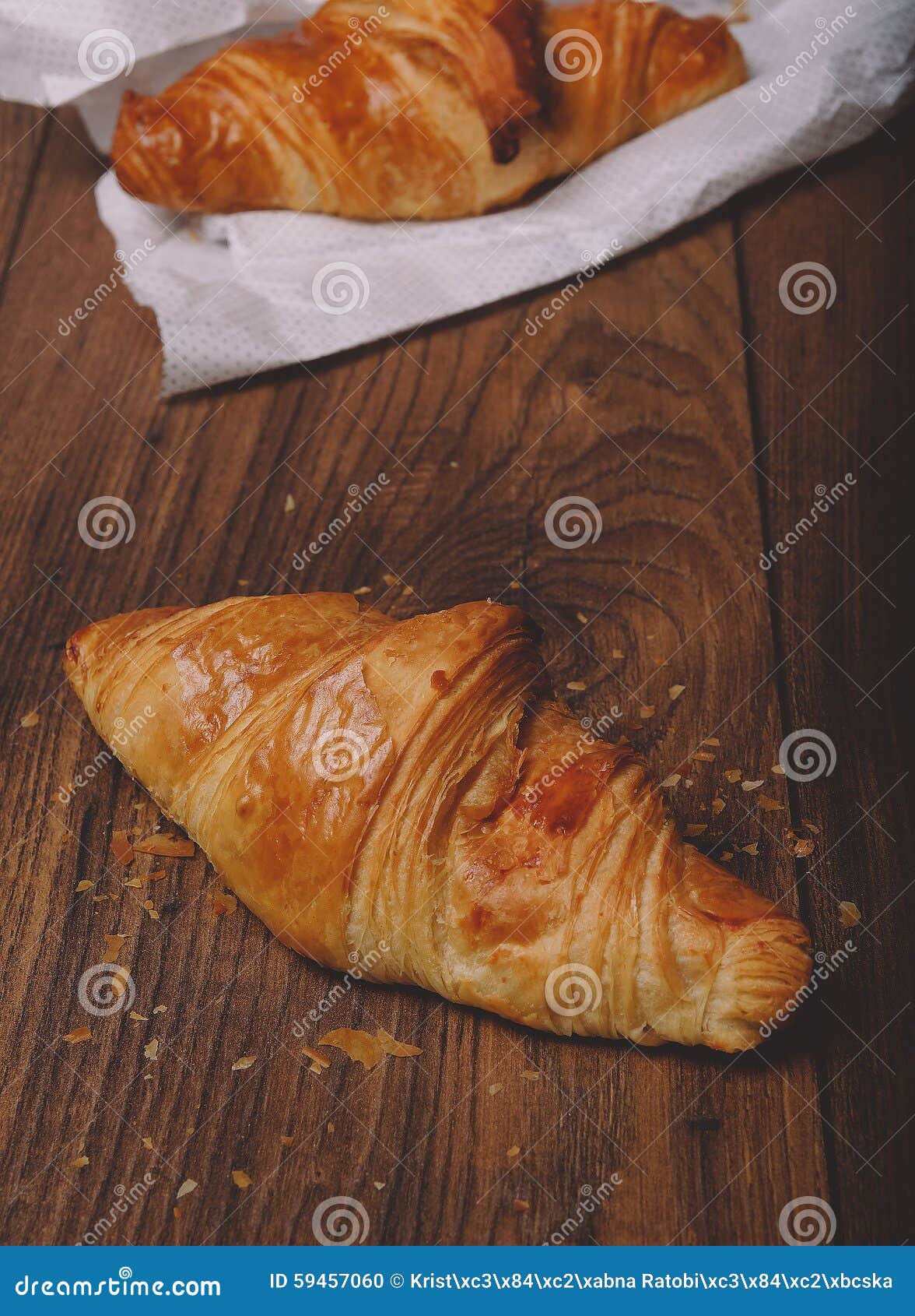 Two Croissant On Wood Table Stock Photo - Image of snack, breakfast ...