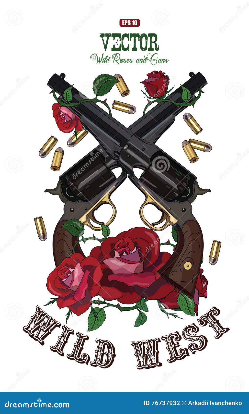 Two Crossed Cowboy Gun, Rose Covered Design Stock Vector - Illustration ...