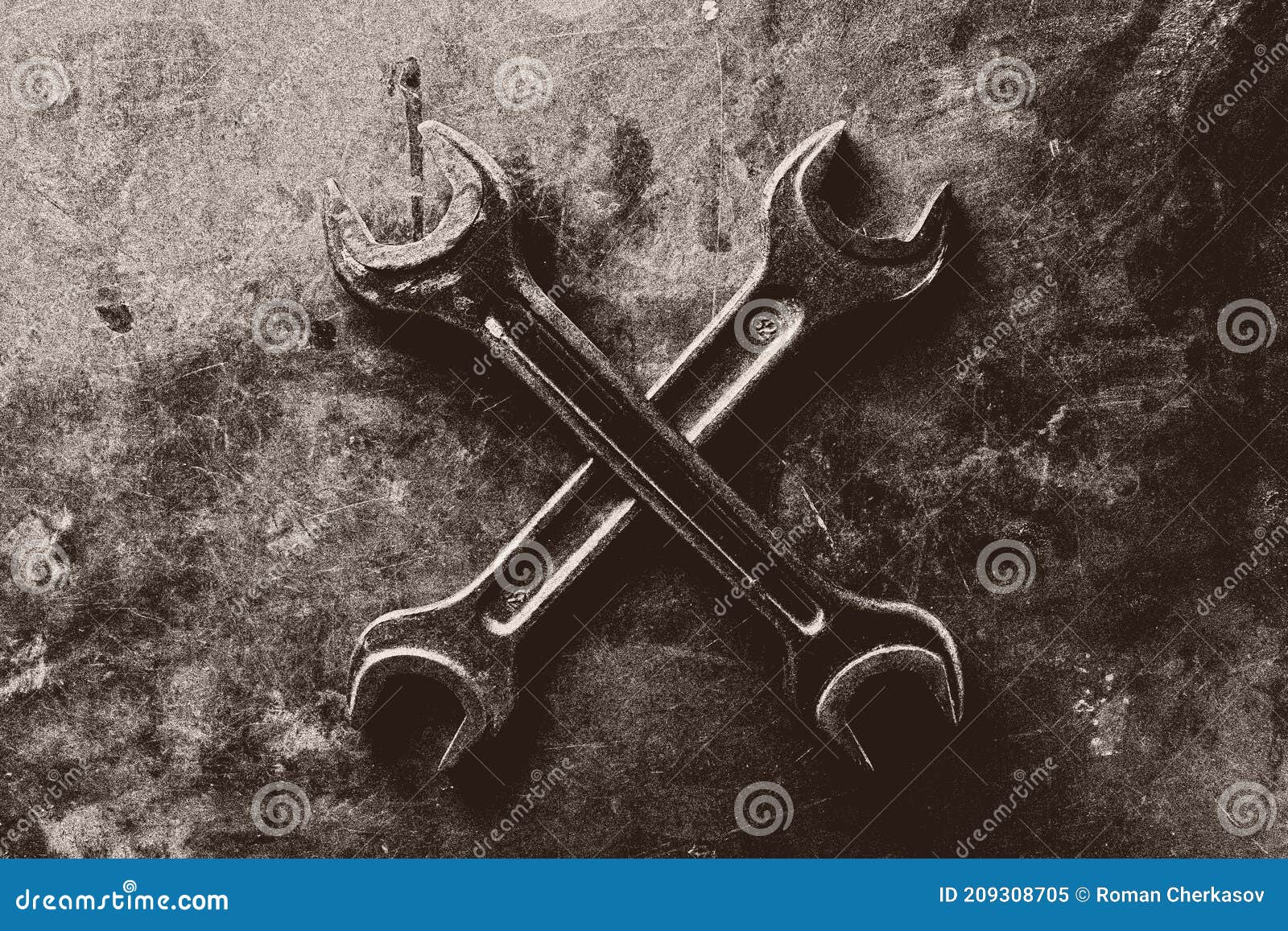 Two Crossed Wrenches on a Rusty Table in the Workshop. Imitation of an ...