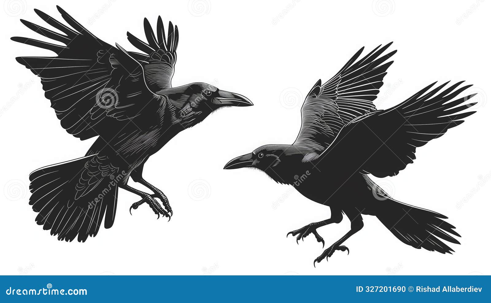 Two Crows in Flight, Silhouetted Stock Illustration - Illustration of blackbird, texture: 327201690
