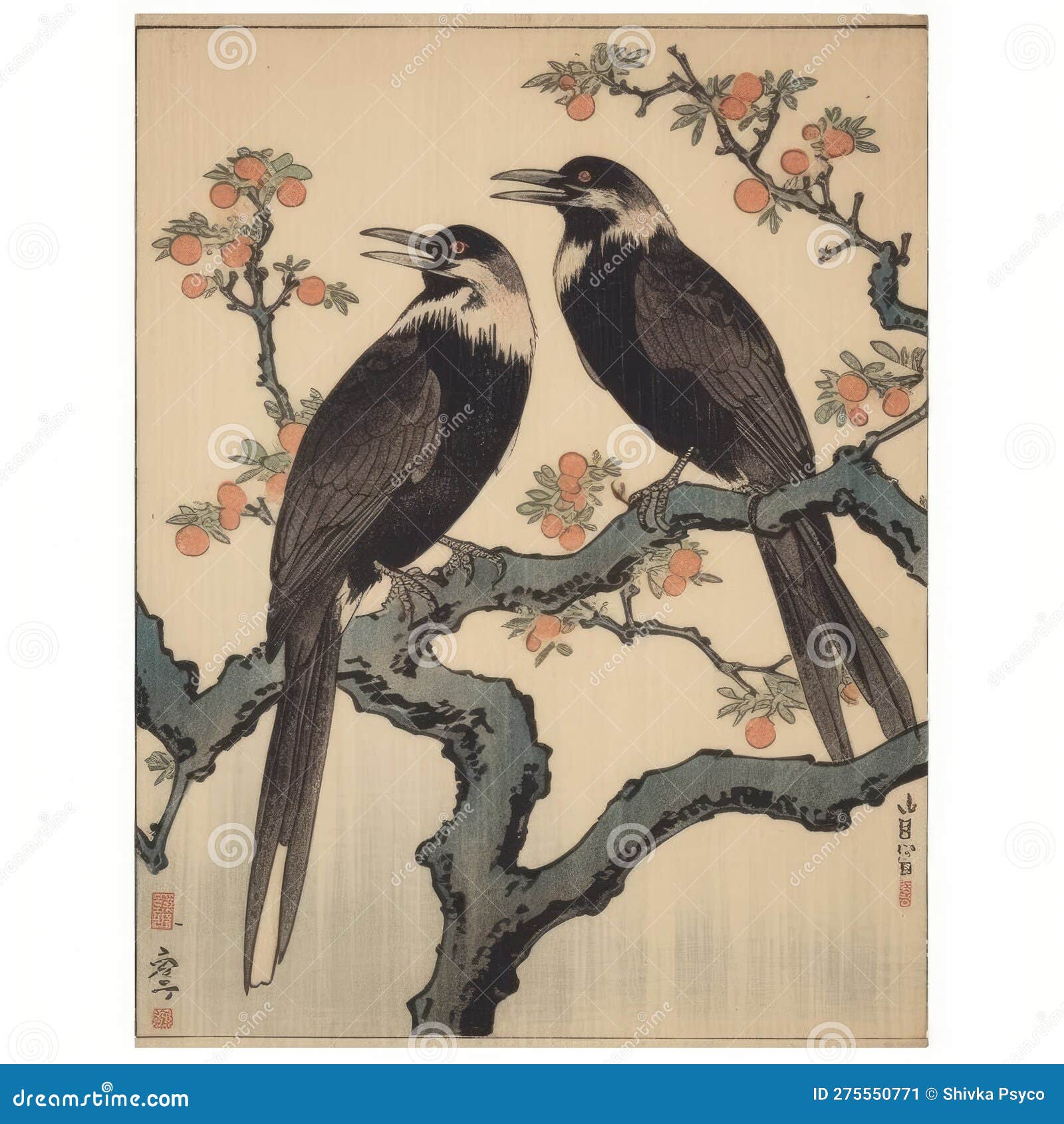 Two Crows Japanese Woodblock Art Generative AI Stock Illustration ...